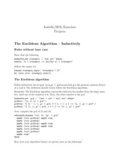 Isabelle/HOL Exercises Projects The Euclidean Algorithm – Inductively