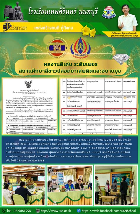 โรงเรียนเทพศิรินทร์ ผลงานดีเด่น ระดับเพชร โครงการสถานศึกษาสีขาว ปลอดยาเสพติดและอบายมุข ระดับ