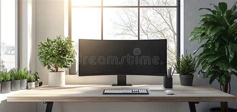 Modern Office Setup Featuring A Sleek Curved Monitor Minimalist Desk Stock Illustration