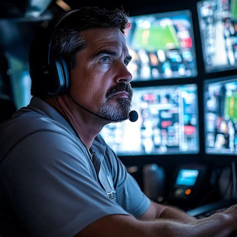 security guard monitoring multiple screens in a dark room premium ai