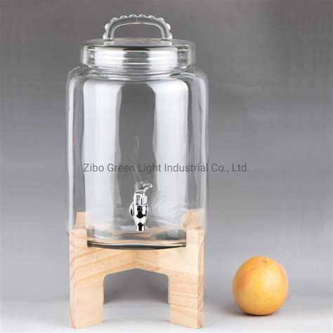 10l Glass Beverage Jar With Glass Lid Plastic Tap And Wooden Rack