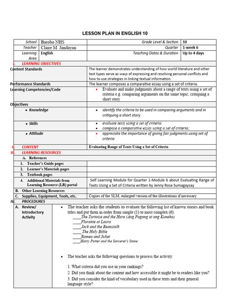 Lesson Plan In English 10 Week 6 Pdf Learning Lesson Plan