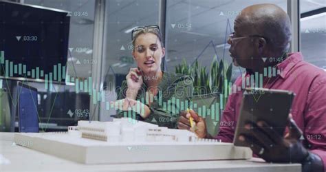 Image Of Diagram And Data Processing Over Diverse Colleagues Talking In Office Stock