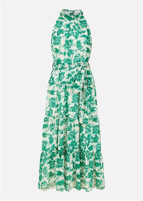 Yumi Green Leaf Print Halter Neck Midi Dress Matalan