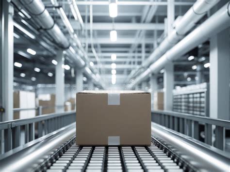Cardboard Box On Conveyor Belt In Modern Warehouse Environment With