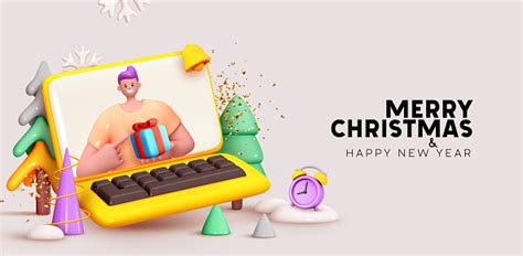 크리스마스와 새해 창조적 인 개념 디자인은 남자 상자를 들고 귀여운 소녀 화면에 노트북 장치를 엽니 다 눈 속에 녹색 크리스마스