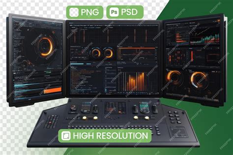 control panel displays futuristic interface with graphs and data