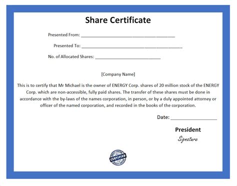 Free Printable Stock Certificate Template