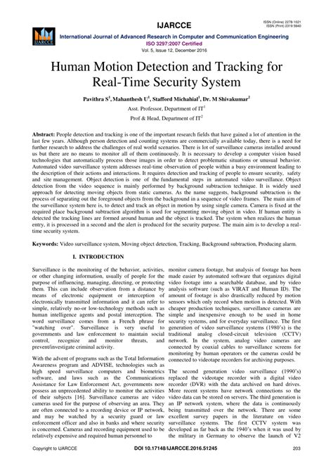 PDF Human Motion Detection And Tracking For Real Time Security System