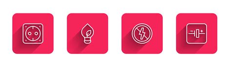 세트 라인 전기 콘센트 잎이 있는 전구 번개 없음 및 긴 그림자가 있는 Dc 전압 소스 빨간색 사각형 버튼입니다 벡터 0명에 대한 스톡 벡터 아트 및 기타 이미지 Istock