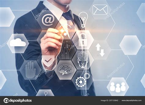 Businessman Hand Pointing Digital Business Interface Abstract Blurry Background Futuristic