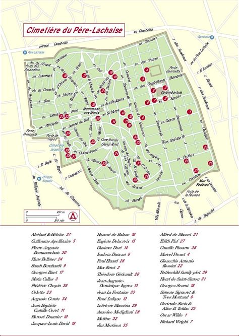 Map of Père Lachaise famous graves Cimetiere pere lachaise Père