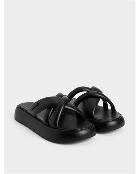 Charles And Keith Puffy Crossover Strap Slide Sandals In Black Lyst