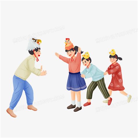 手绘插画风戴头套玩老鹰捉小鸡元素PNG图片素材下载 小鸡PNG 熊猫办公