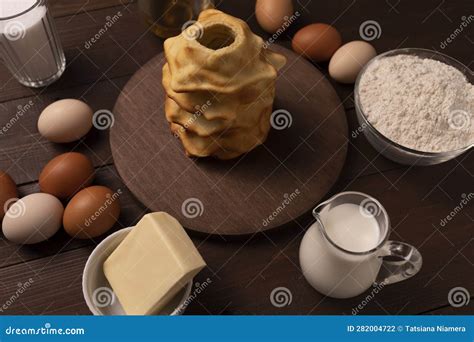 Baumkuchen Sakotis Sekacz At Center And Ingredients Around On Wooden