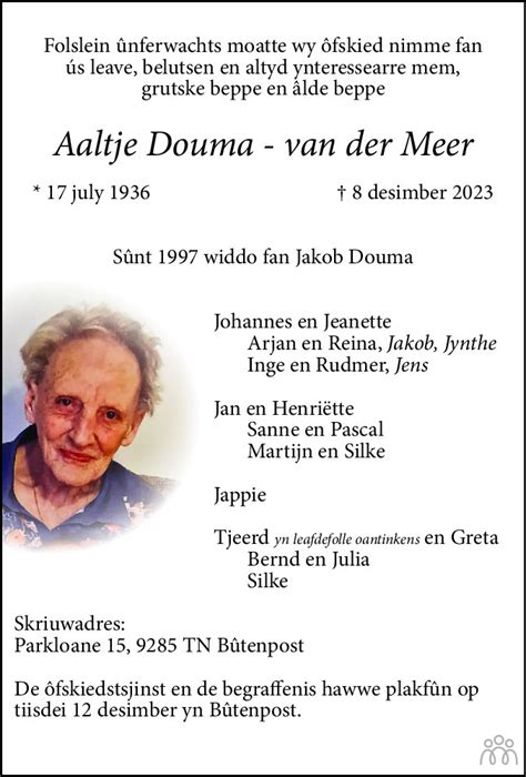 Aaltje Douma Van Der Meer 08 12 2023 Overlijdensbericht En