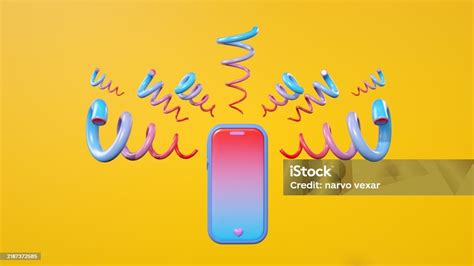 3d 렌더링은 밝은 노란색 배경에 다채로운 나선형 모양으로 둘러싸인 스마트폰을 중앙에 보여줍니다 유쾌한 블루 핑크 레드 팔레트는 현대적이고 추상적이며 기술에서 영감을 받은