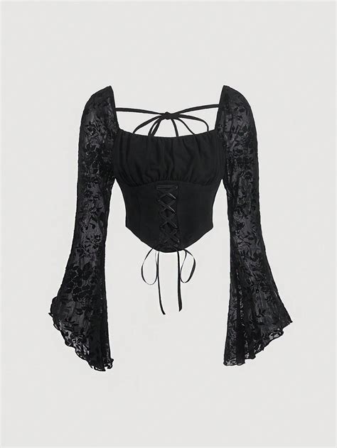 Contrast Floral Mesh Ruched Bust Lace Up Front Split Sleeve Crop Top In 2024 Clothes Really