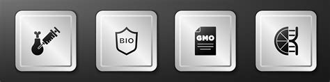 Gmo 연구 치킨 바이오 건강 식품방패 Gmo 및 유전자 변형 오렌지 아이콘을 설정합니다 실버 스퀘어 버튼 벡터 0명에 대한