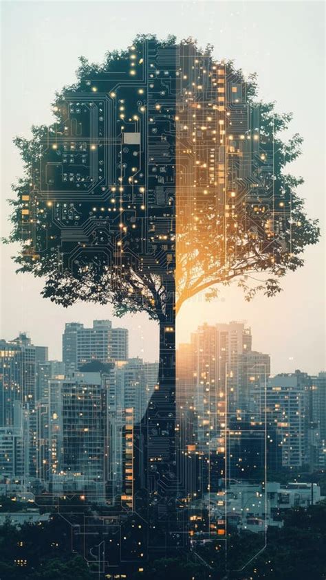 Double Exposure Effect Of A Circuit Board Tree Futuristic Digital Nature Art Circuit Board