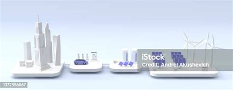 녹색 에너지 산업 등색 3d 렌더링 수소 및 전기 충전기 스테이션 미래 자동차 풍력 터빈 태양 전지 패널 탱크 컨테이너 및 배터리가있는 스마트 시티 지속 가능한 재생 가능
