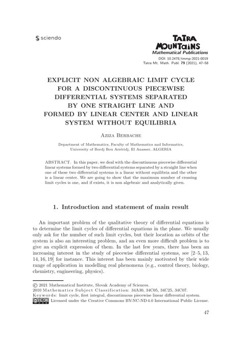 Pdf Explicit Non Algebraic Limit Cycle For A Discontinuous Piecewise Differential Systems