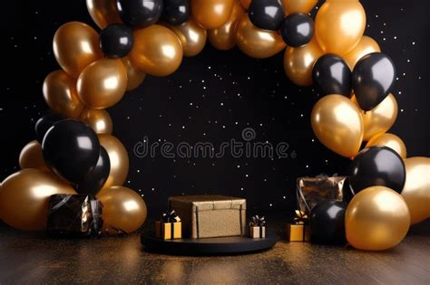 Birthday Frame With Golden And Black Balloons And Confetti Blank Frame