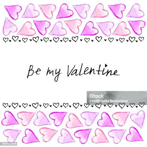 내 발렌타인 데이 필기 글자 배경 수채화 하트의 프레임 손으로 그린 수평 상단과 하단 테두리 테두리 발렌타인 데이 장식 카드 초대 공휴일에 대한 스톡 벡터 아트 및 기타
