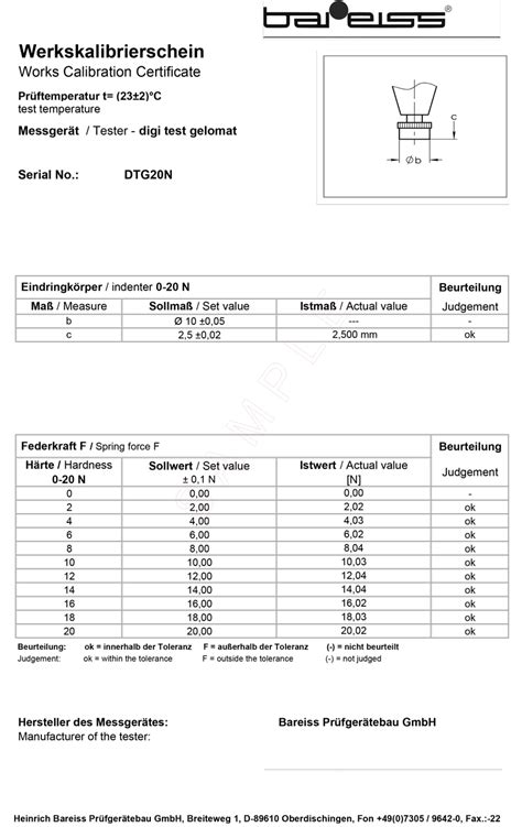 Works Calibration Certificate Gelomat Bareiss North America