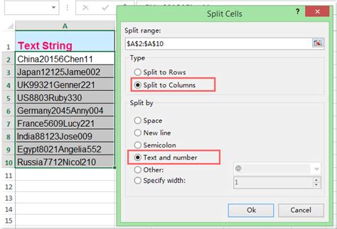 how to split separate alphanumeric strings into two columns in excel