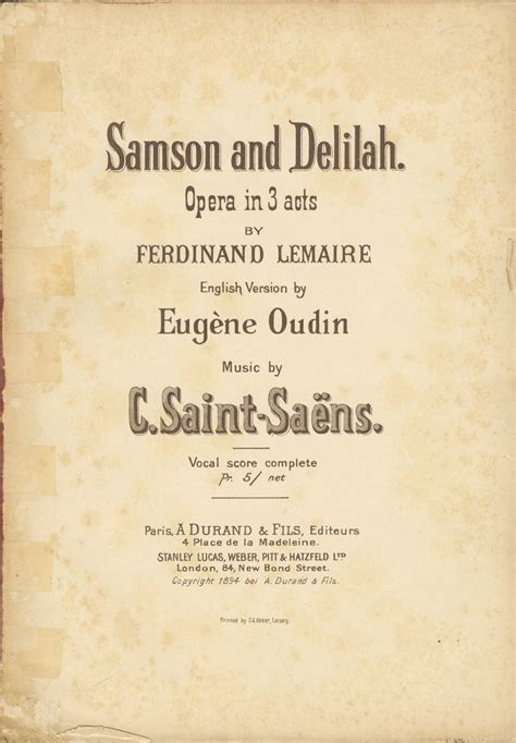 Samson And Delilah Opera In 3 Acts By Ferdinand Lemaire English