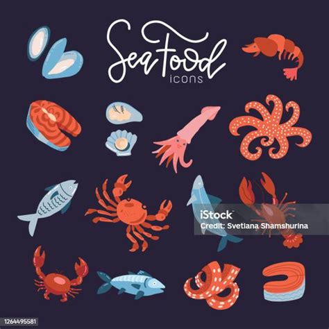 해산물 생선 메뉴 레스토랑 아이콘게 새우 껍질 격리 플랫 벡터 일러스트와 함께 설정 새우 해산물에 대한 스톡 벡터 아트 및 기타 이미지 새우 해산물 인터넷 갑각류