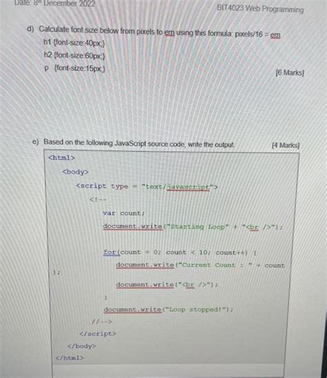 Solved Bit 4023 Web Programming D Calculate Font Size Below
