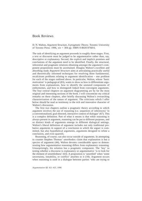 Pdf D N Walton Argument Structure A Pragmatic Theory Dokumen Tips