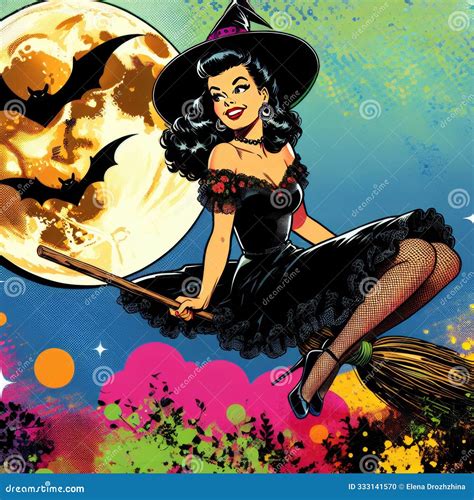Retro Pin Up Witch On Broomstick With Full Moon Stock Illustration