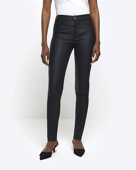 Black Mid Rise Skinny Coated Jeans River Island