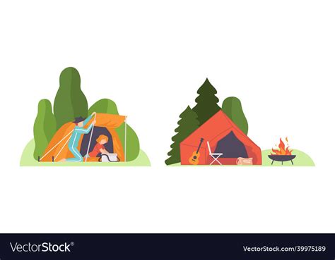 Man And Woman Putting Up Tent Burning Campfire Vector Image