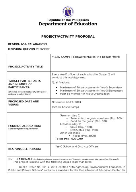 Cluster Project Proposal Republic Of The Philippines Department Of