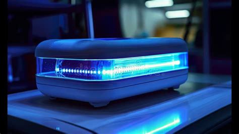A Small Blue Light Sits Alone On A Table Waiting For Attention Stock