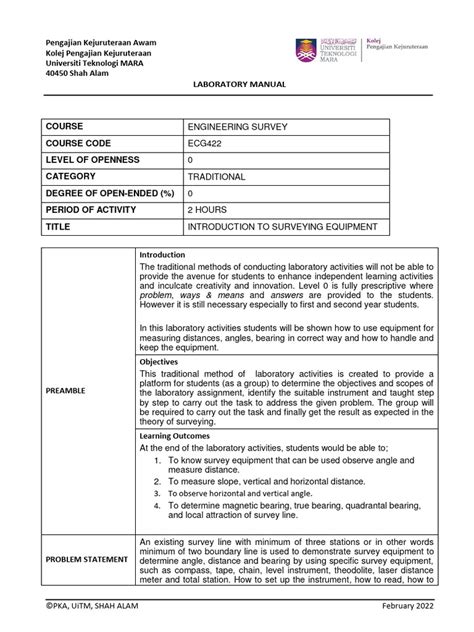 Project 1lab Manual Level 0 Survey Equipment 1 Pdf Surveying