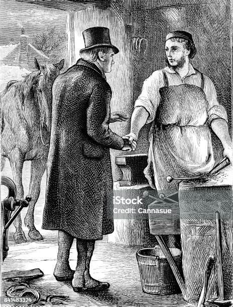 대장장이 남자의 빅토리아 그림 거래에 악수 하는 대장간에 서 서 19 세기 대장간 1881 19세기에 대한 스톡 벡터 아트 및 기타 이미지 Istock