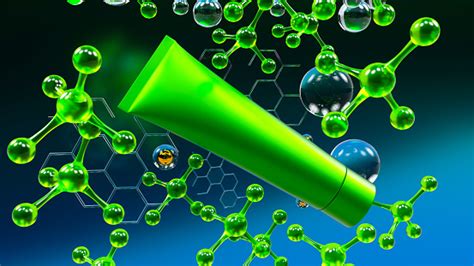 3d 분자 구조를 가진 생생한 녹색 화장품 튜브 빛나는 구체 육각형 화학식 파란색 그라디언트 배경 네온 그린 액센트 고대비 조명 미래형 스킨케어 초현실적인 렌더링 3d