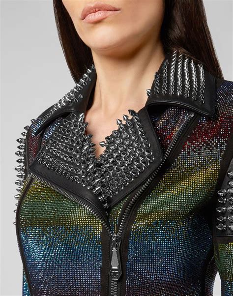 Philipp Plein Leather Motorcycle Rider Biker Jacket Rainbow Crystal