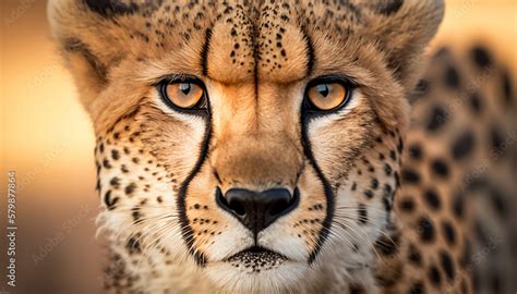 Beautiful Cheetah Extreme Close Up Portrait Looking Straight In The