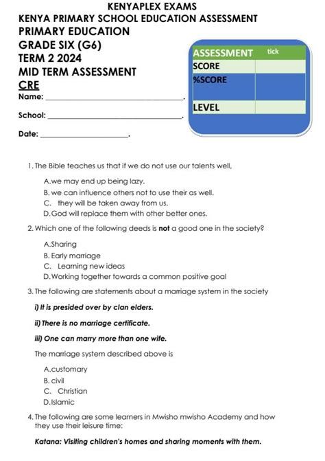 Grade 6 Cre Mid Term 2 Exam 2024 2684