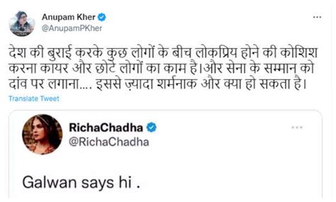 Anupam Kher Calls Richa Chadhas Galwan Tweet ‘shameful And ‘work Of