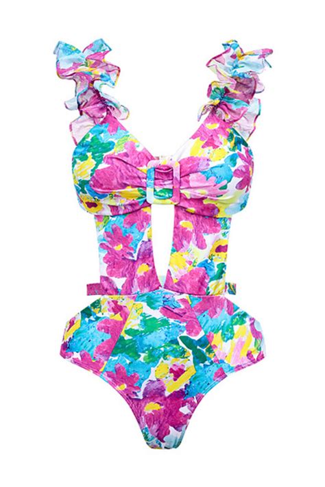 Floral Print Cutout Chiffon Trimmed Ruffled One Piece Swimsuit Kroyy