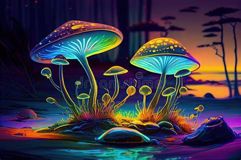 Llustration Of Magical Psychedelic Mushrooms Ai Generated Stock