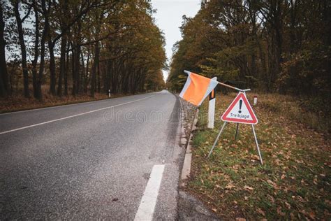On The Side Of The Road There Is A Sign With A Flag With The Warning