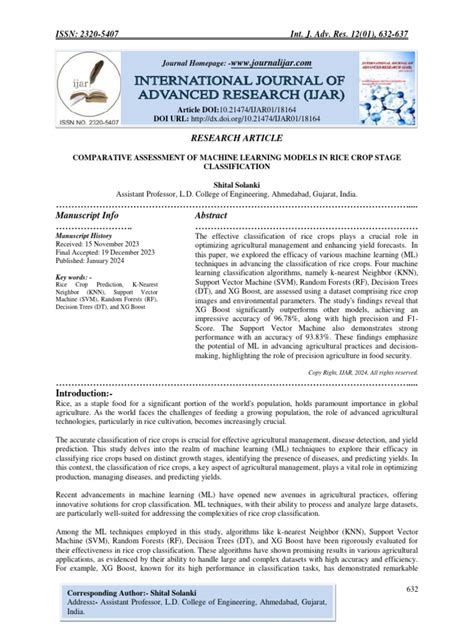 Comparative Assessment Of Machine Learning Models In Rice Crop Stage Classification Pdf